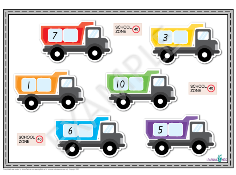 Truck Theme Counting Numbers 1-20 Mats | Learning 4 Kids