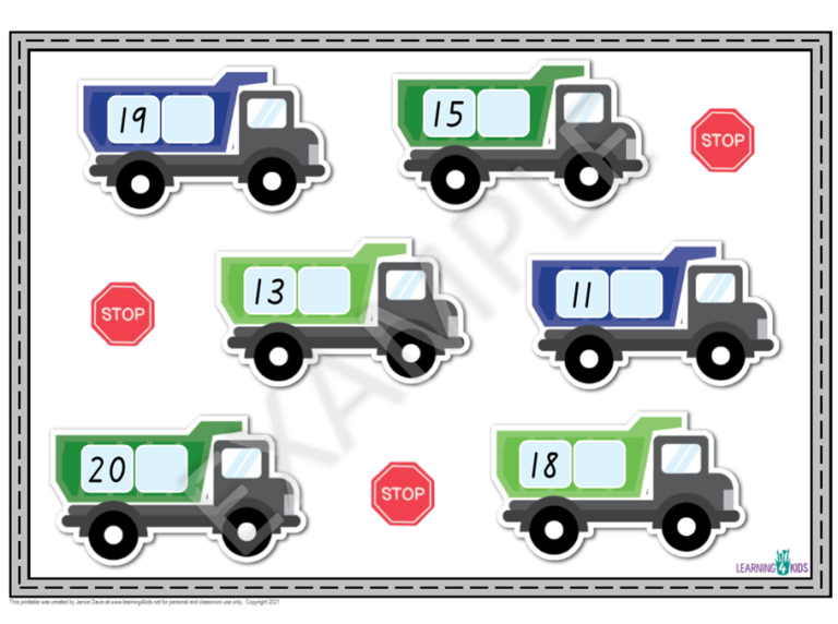 Truck Theme Counting Numbers 1-20 Mats | Learning 4 Kids