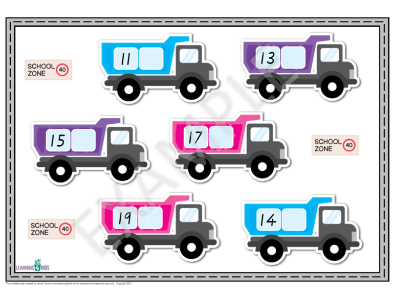Truck Theme Counting Numbers 1-20 Mats | Learning 4 Kids