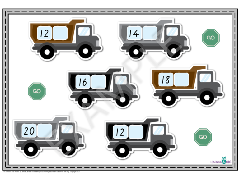 Truck Theme Counting Numbers 1-20 Mats | Learning 4 Kids