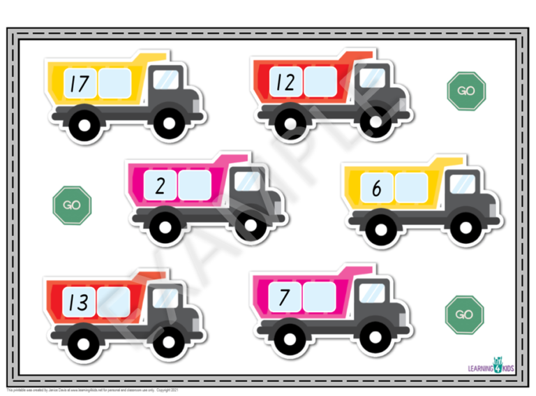 Truck Theme Counting Numbers 1-20 Mats | Learning 4 Kids